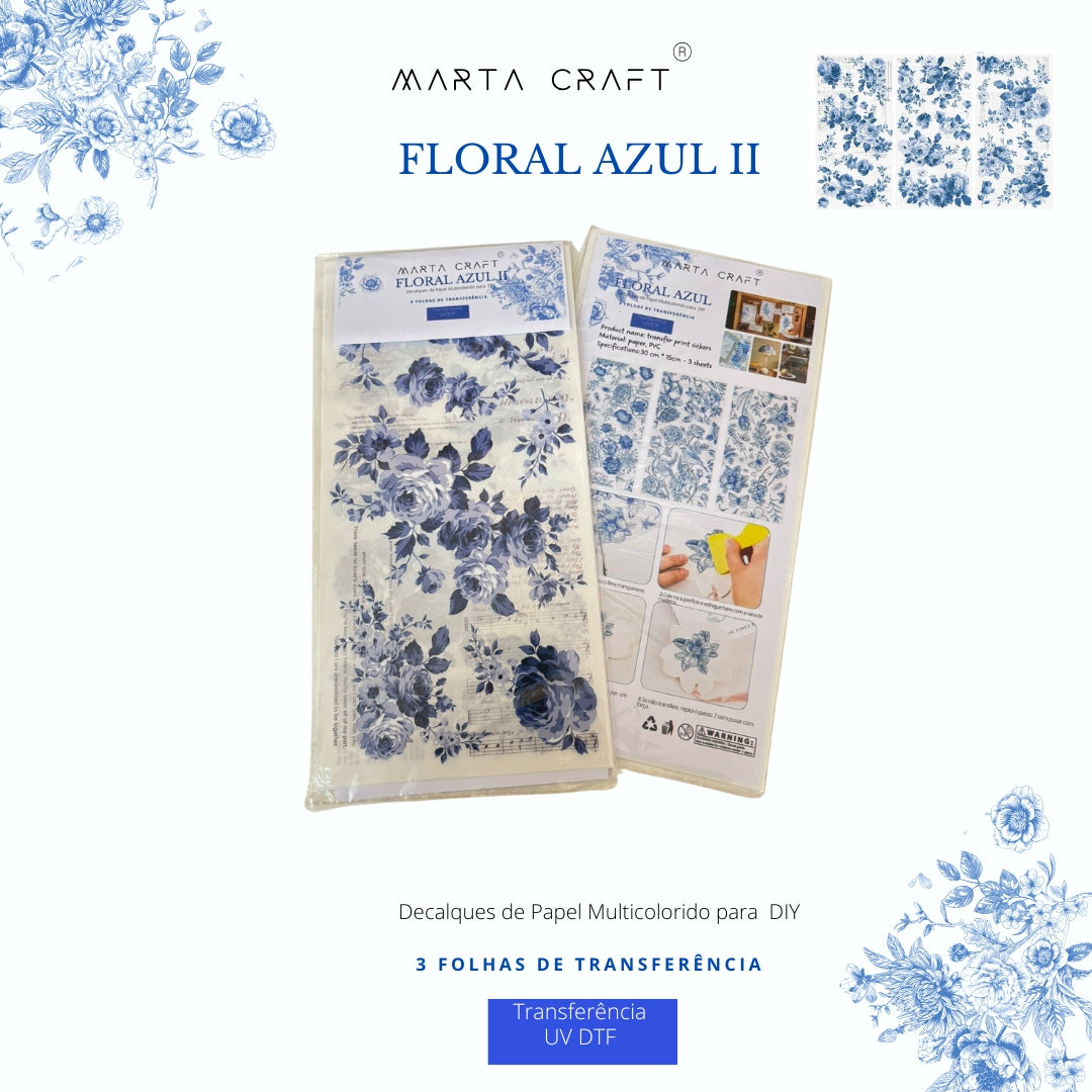 3 Folhas de Transferência UV DTF com Tema Floral Azul II – Marta Craft ®️